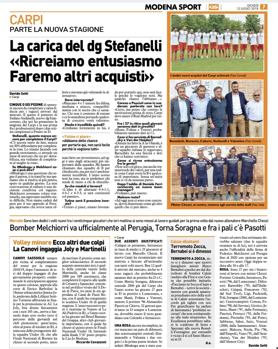 Carpi FC - Resto del Carlino: Torna il giovane difensore Mattia Soragna ...